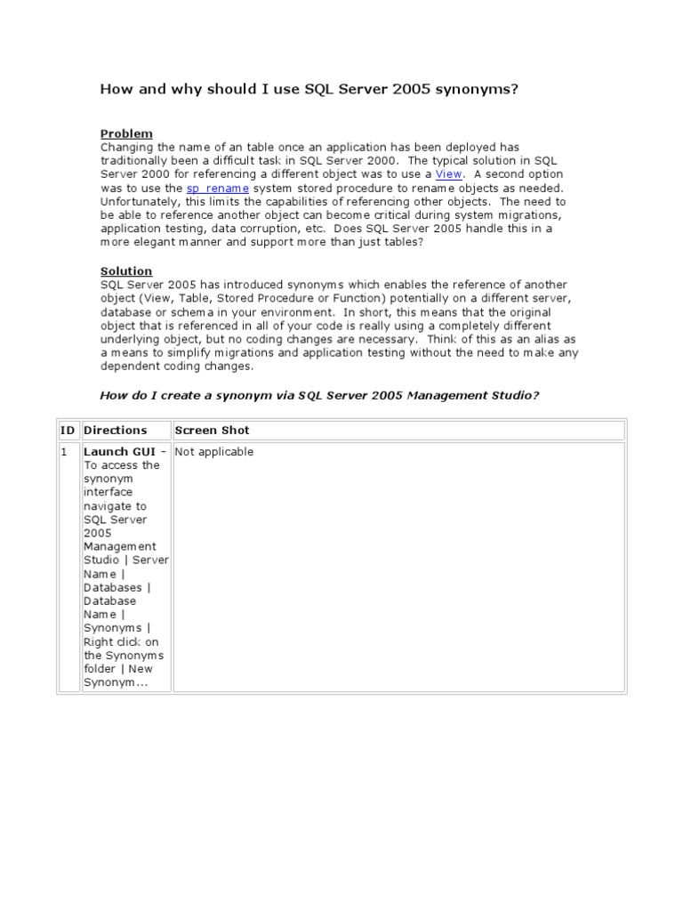 How and Why Should I Use SQL Server 2005 Synonyms | Download Free PDF ...