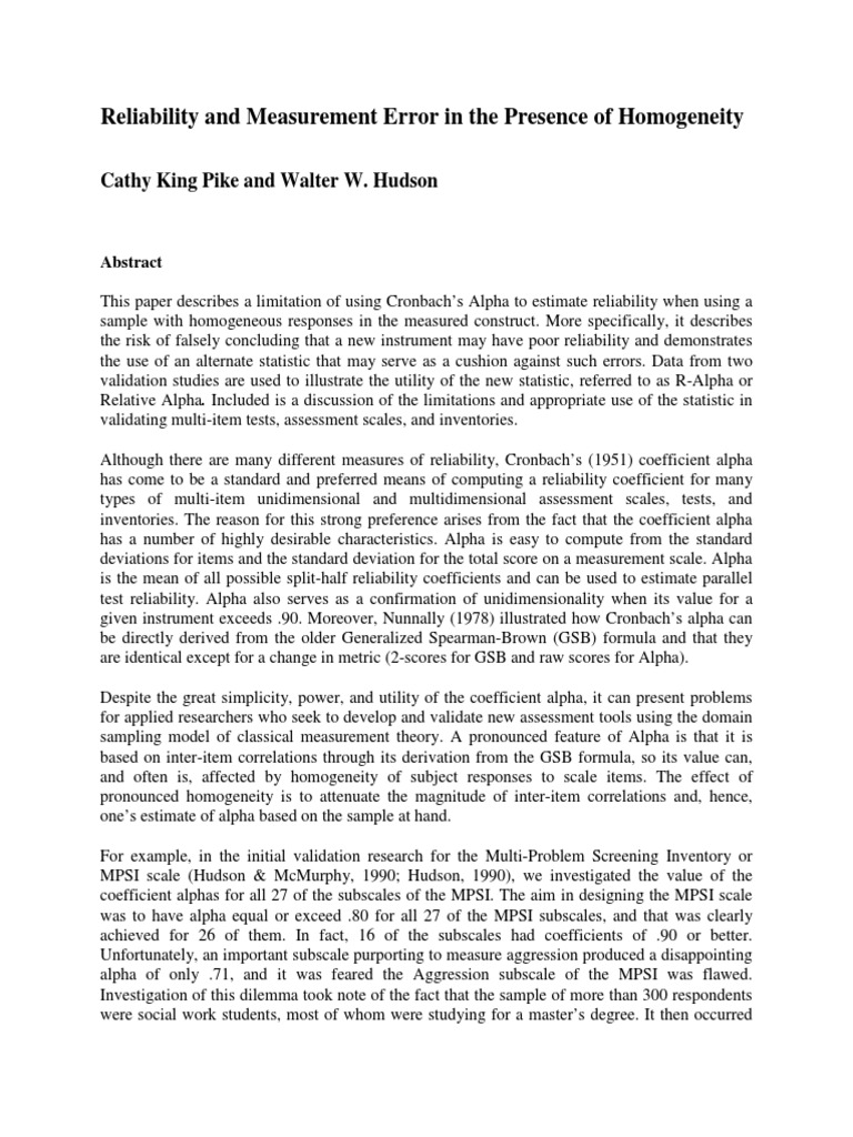 Reliability and Measurement Error in The Presence of Homogeneity | PDF ...
