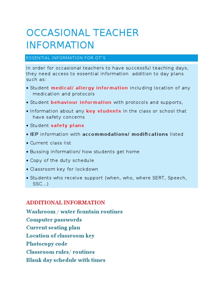 Essential Info for Occasional Teachers | PDF