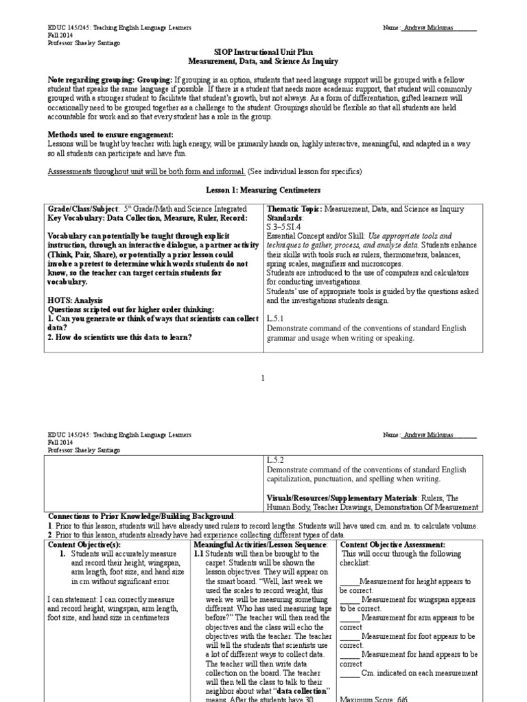 SIOP Unit Plan for ELL Measurement Lesson | PDF | Experiment ...