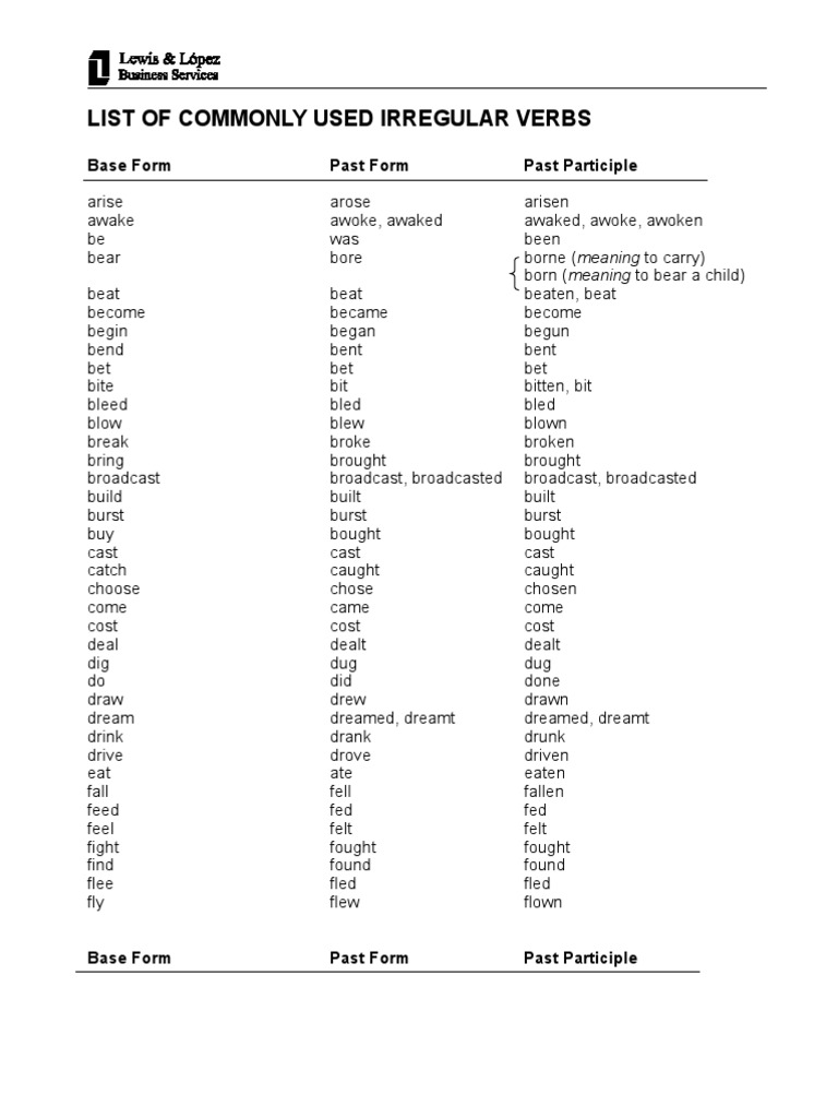 English - List of Commonly Used Irregular Verbs | PDF | Language ...
