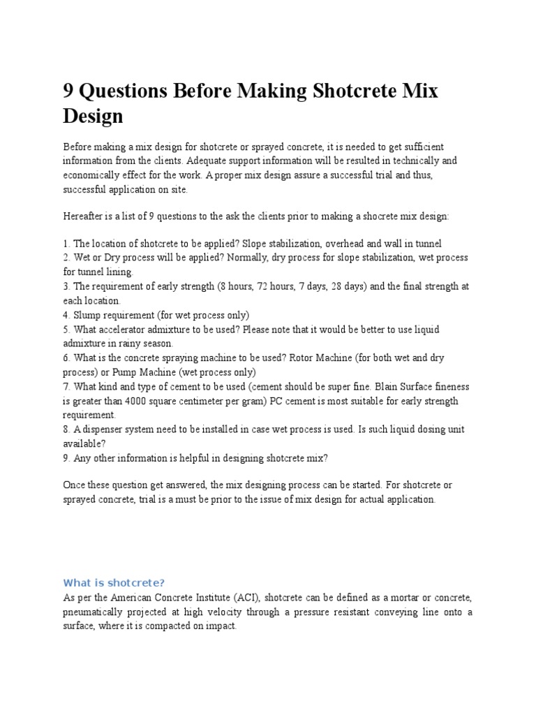9 Questions Before Making Shotcrete Mix Design | PDF | Concrete | Materials