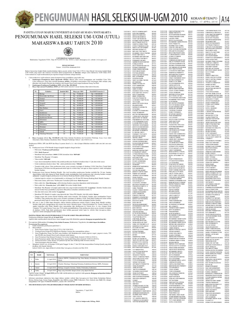 Pengumuman UTUL UM UGM 2010 | PDF