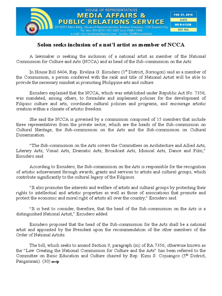 Feb27.2016 Bsolon Seeks Inclusion of A Nat'l Artist As Member of NCCA | PDF