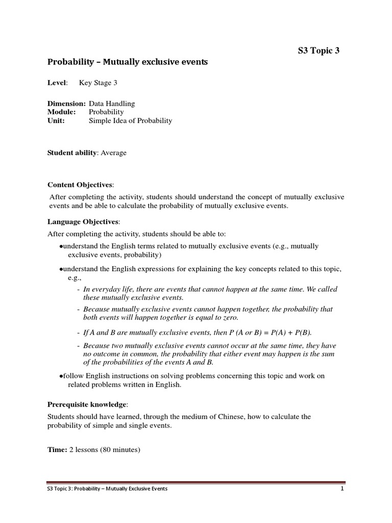 s3 Topic 3 Probability-Mutually Exclusive Events | Download Free PDF | Probability | Playing Cards