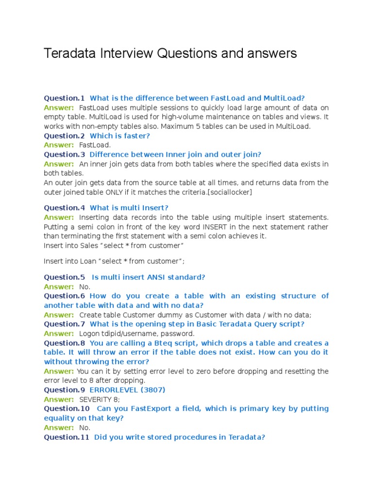 Teradata Interview Questions and Answers | PDF | Data Warehouse ...