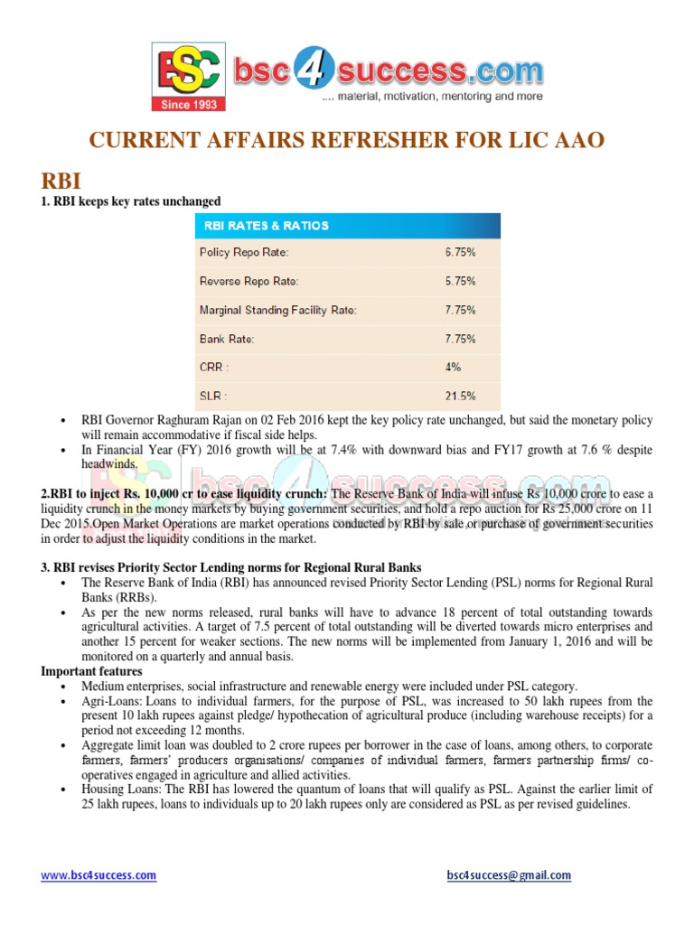 RBI Current Affairs Refresher: Key Rates, Liquidity, PSL Norms | PDF ...