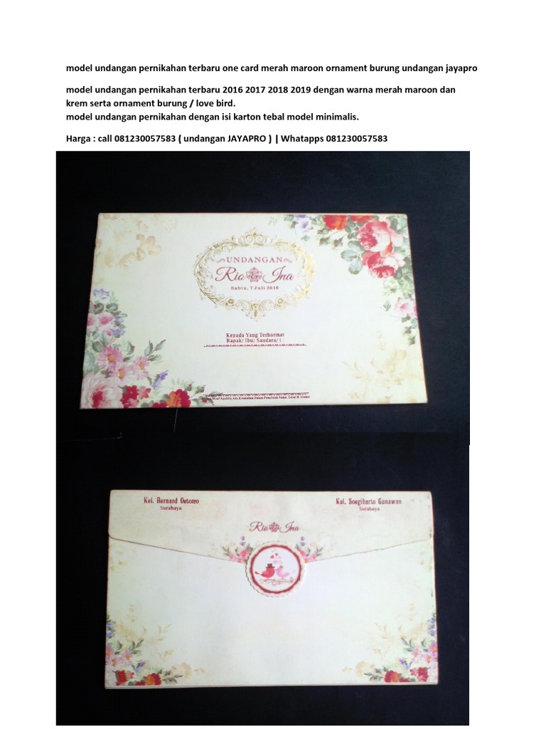 Model Undangan Pernikahan Terbaru One Card Merah Maroon Ornament Burung ...