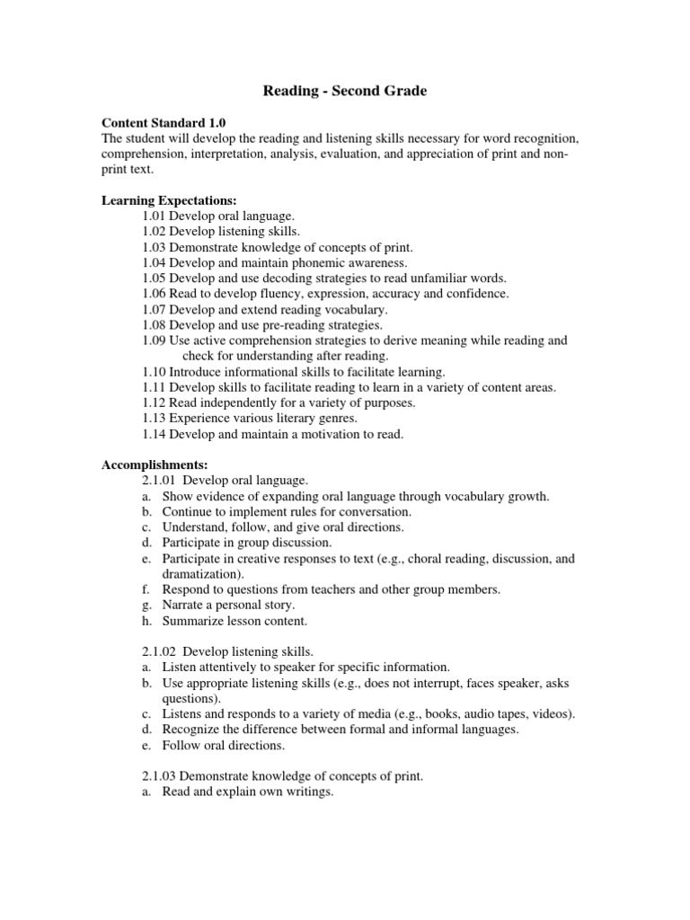 Reading - Second Grade: Content Standard 1.0 | PDF | Reading ...
