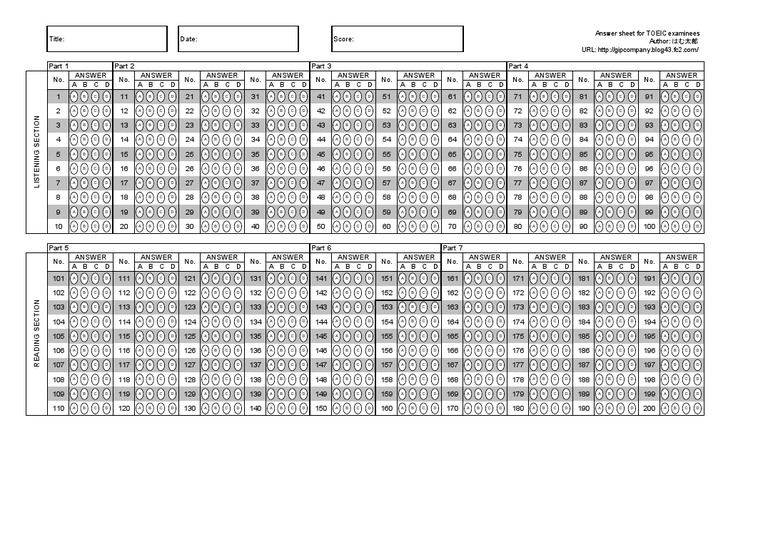 TOEIC answer-sheet | Standardized Tests | Schools