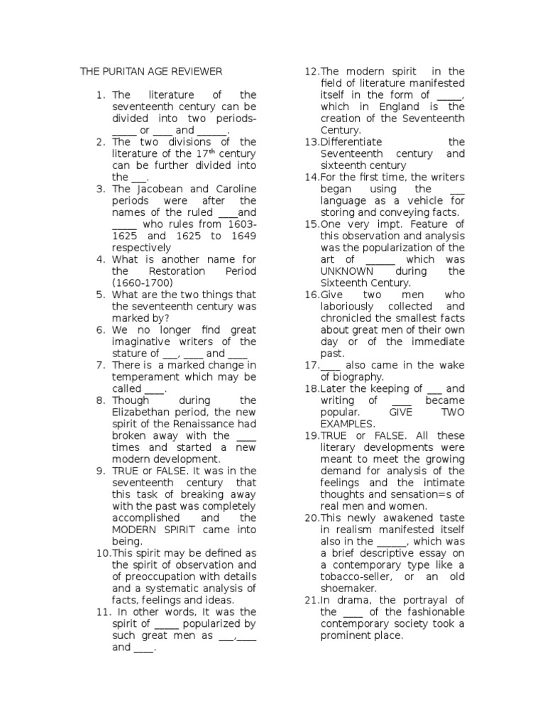 The Puritan Age Literature Guide | PDF | Puritans | English Literature