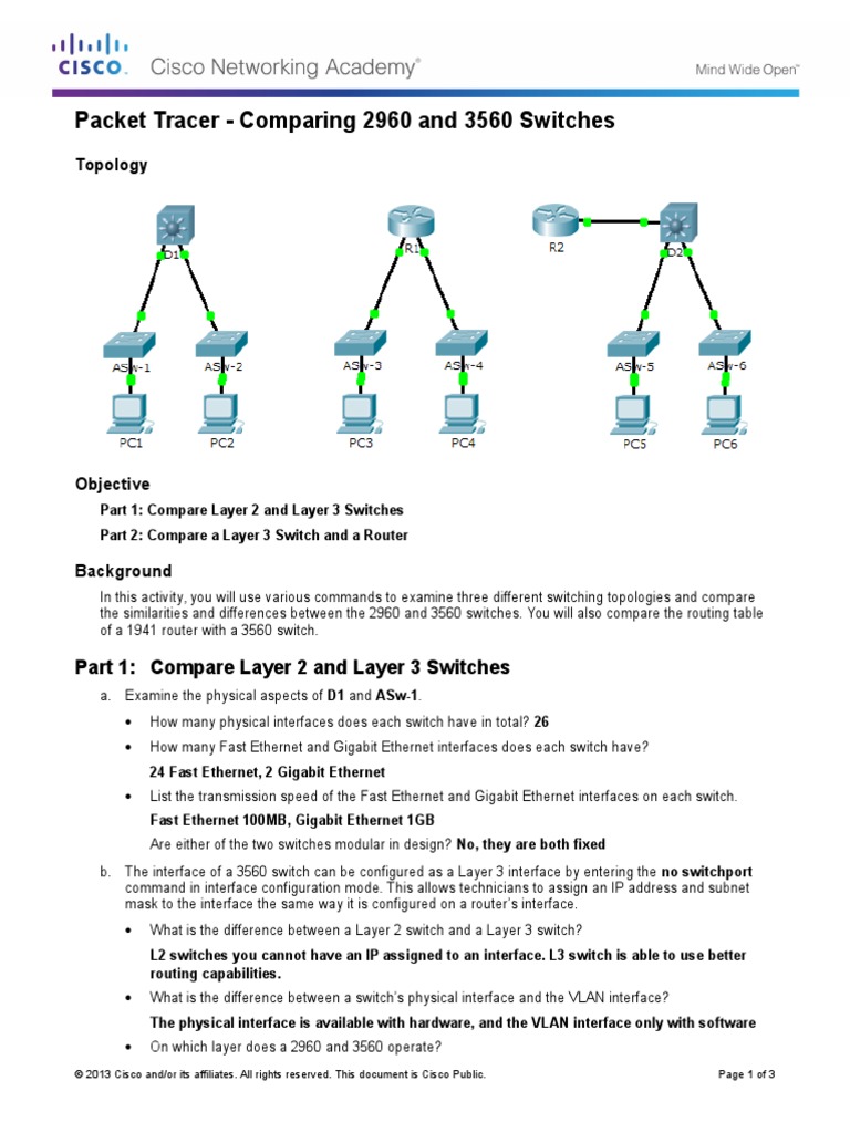 1.2.1.7 Packet Tracer - Comparing 2960 and 3560 Switches Instructions ...