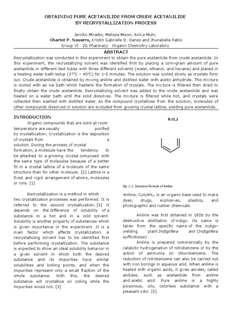 OBTAINING PURE ACETANILIDE FROM CRUDE ACETANILIDE BY RECRYSTALLIZATION ...