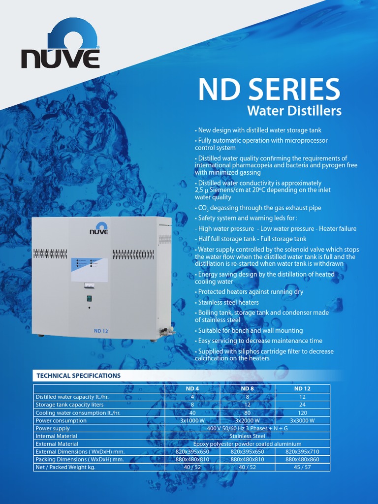 NUVE ND 4-8-12 - NS 103 Water Distiller Brochure | Distillation | Hvac