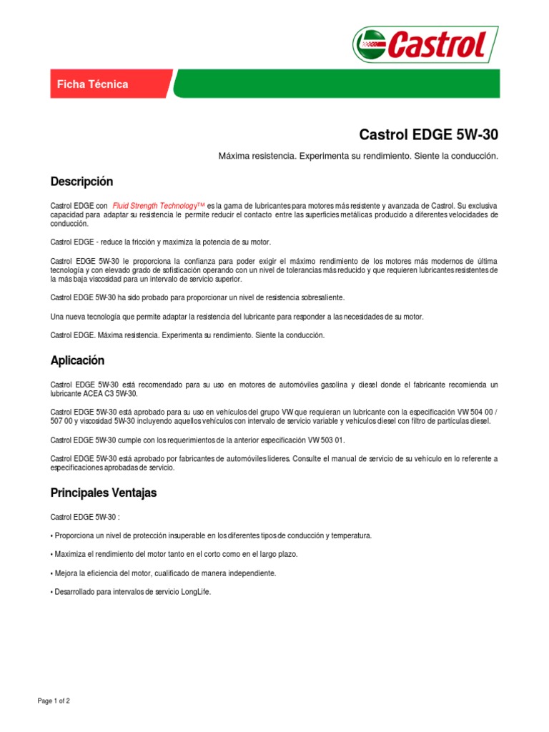 Castrol 5W30 Edge Especificaciones | PDF | Lubricante | Motor diesel