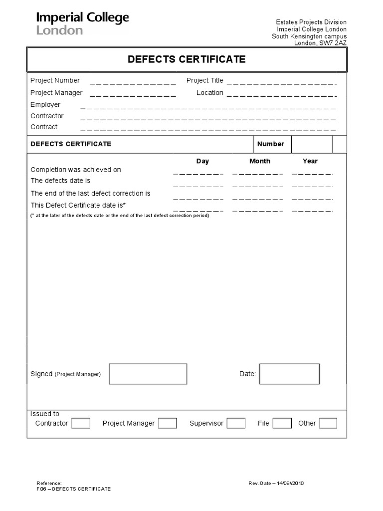 Defects Certificate Number Day Month Year | PDF | Technology & Engineering