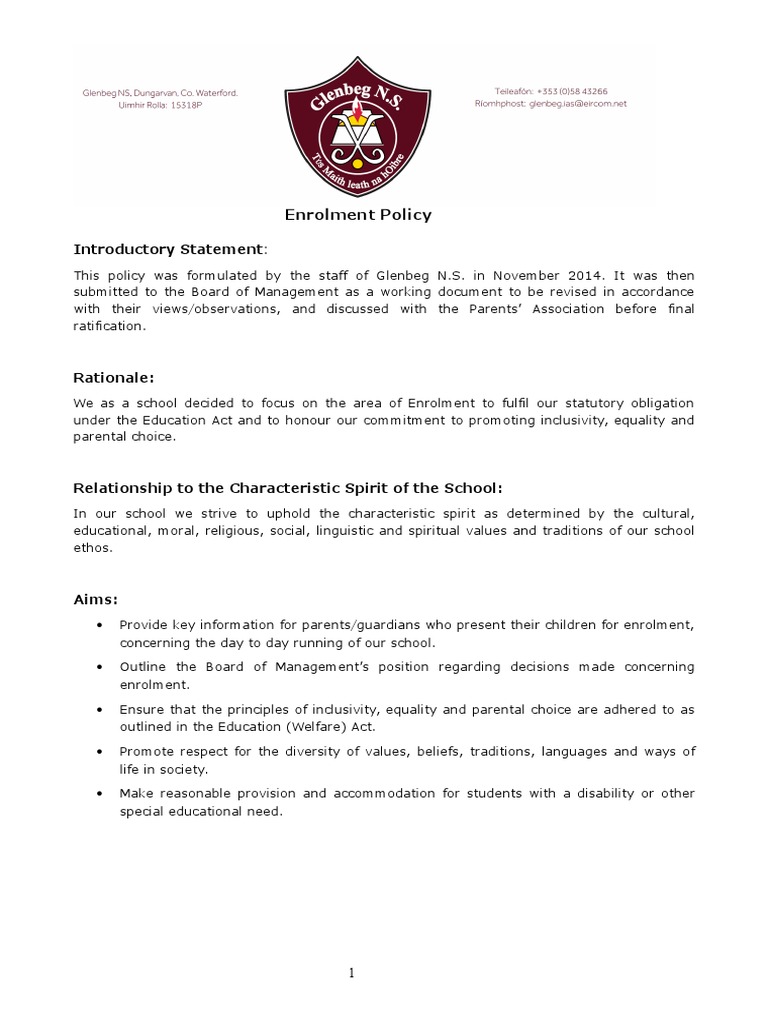 Enrolment Policy: Introductory Statement | PDF | Special Education | Parent