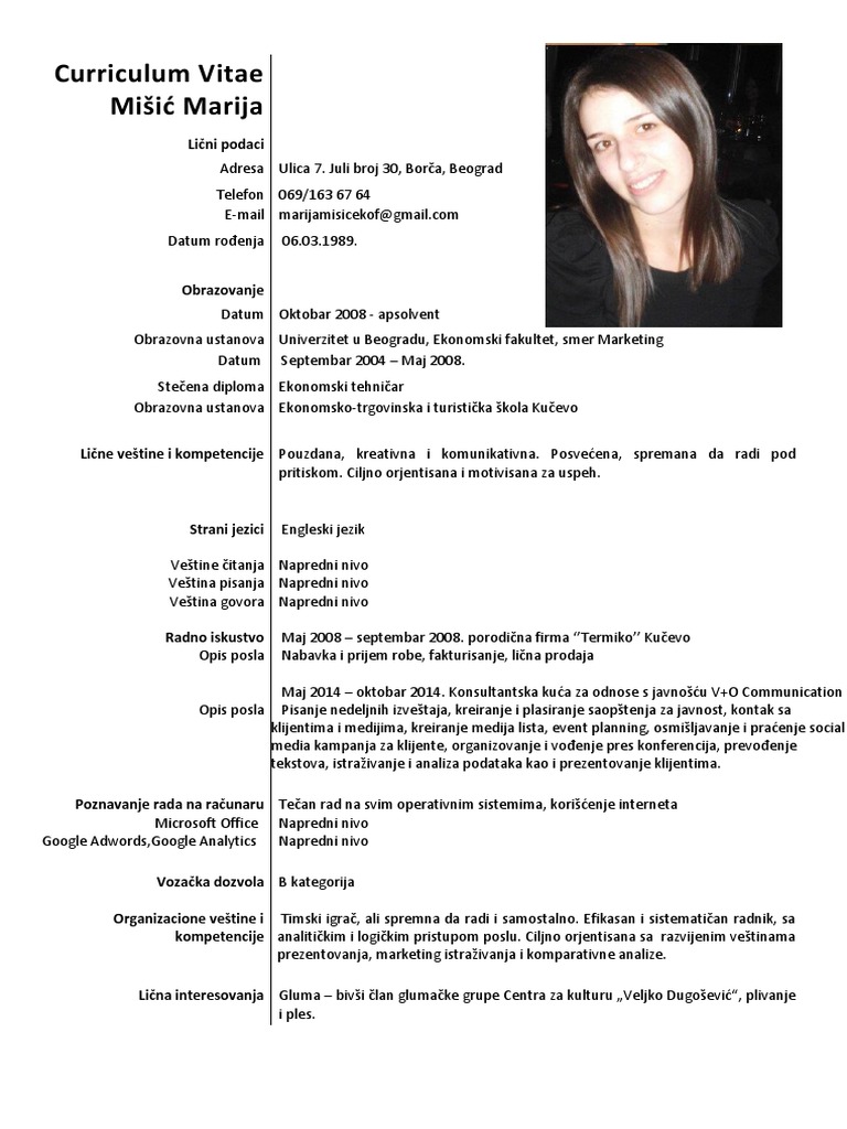 Curriculum Vitae Marija Mišić PDF Srpski | PDF