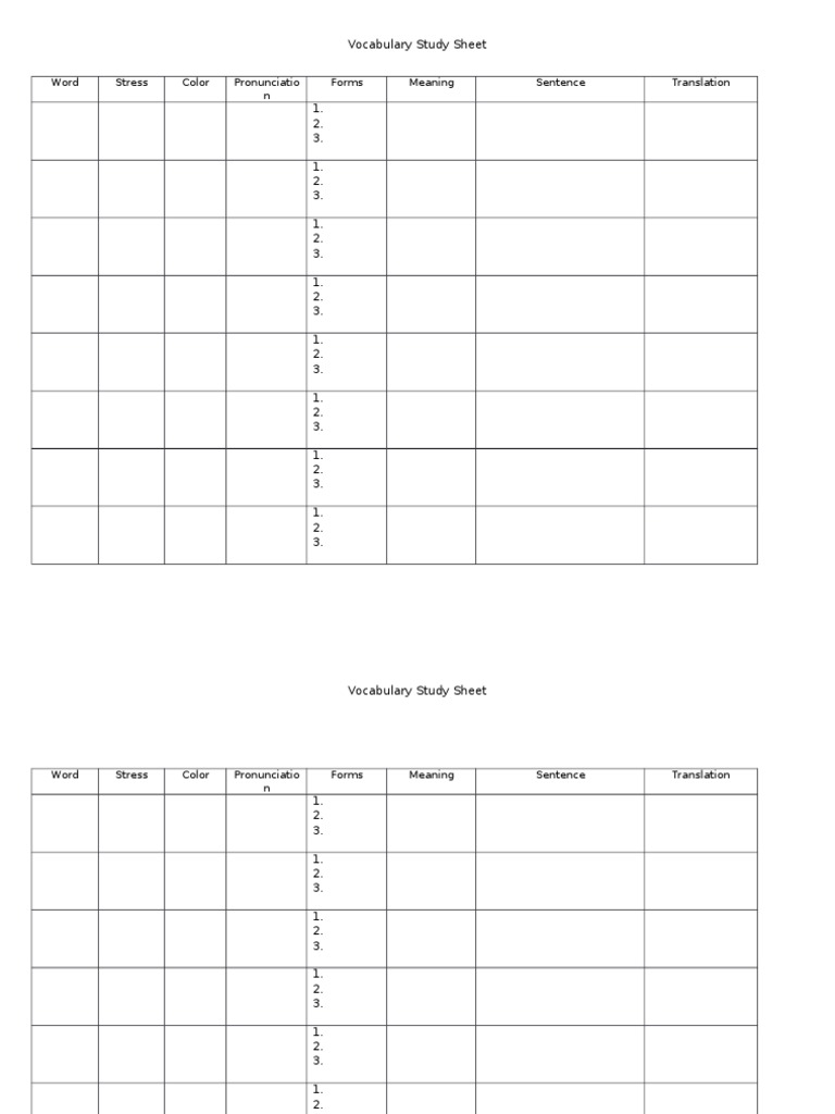 Vocabulary Study Sheet Template | PDF | Language Arts & Discipline