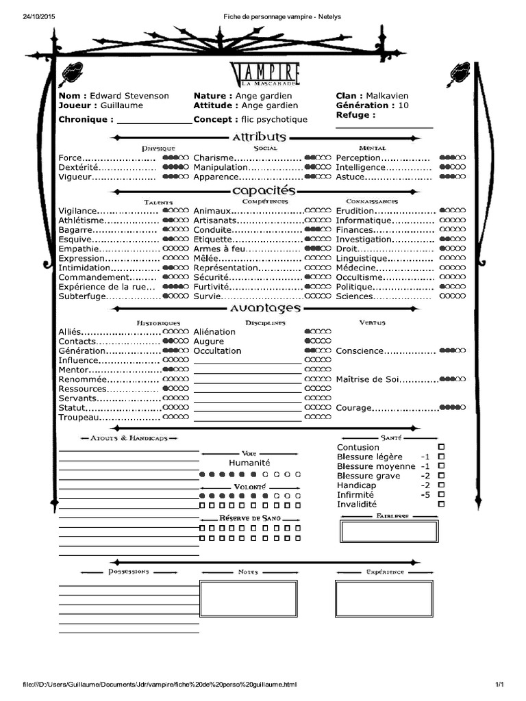 Fiche de Personnage Vampire | PDF