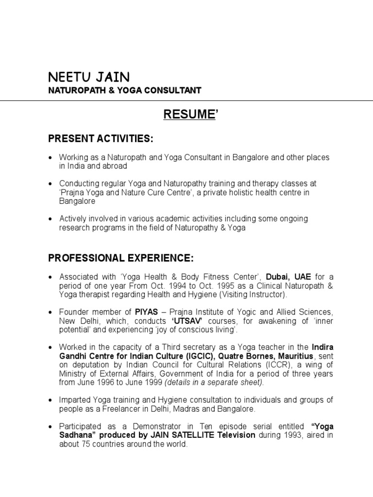 Neetu Jain Resume': Present Activities | PDF | Naturopathy | Yoga