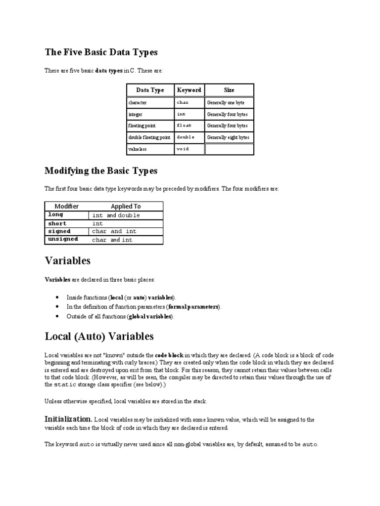 The Five Basic Data Types Variables Pdf Control Flow C Programming Language