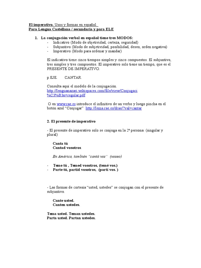 El Imperativo y Formas de Mandato (ELE) | PDF | Verbo | Reglas