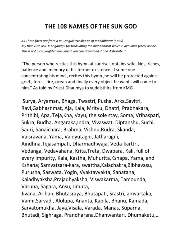 108 Names of the Sun God Surya | PDF