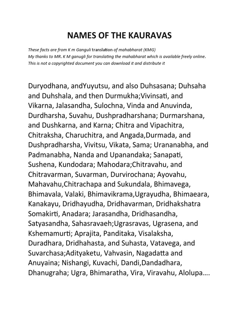 Names of The Kauravas | PDF