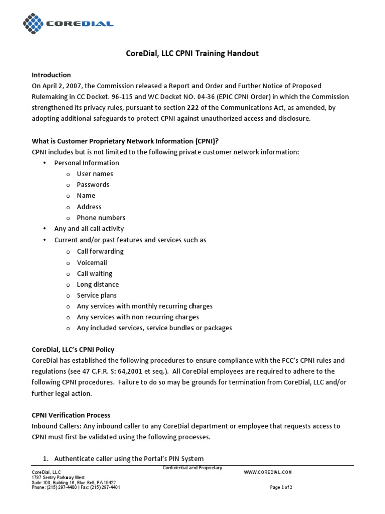 CoreDial CPNI Handout 2015 PDF | PDF | Networks | Computing