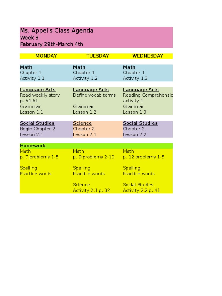 Ms. Appel's Weekly Class Agenda | PDF