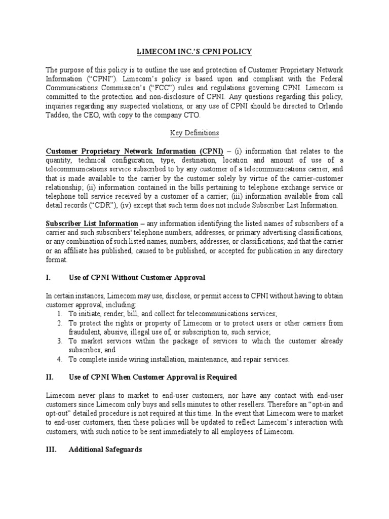 CPNI Policy & Employee Agreement - 2.25.16 PDF | PDF | Federal ...