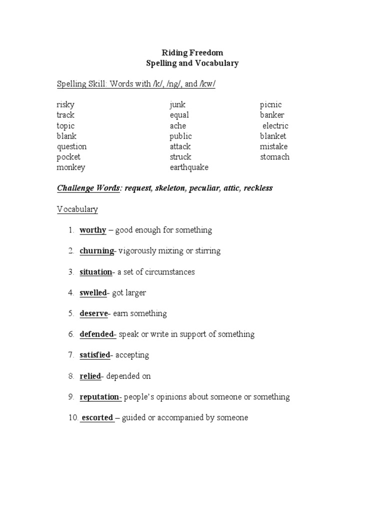Riding Freedom: Spelling & Vocabulary Guide | PDF