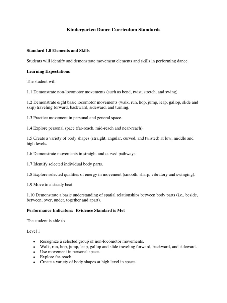 Kindergarten Dance Curriculum Standards: Standard 1.0 Elements and ...
