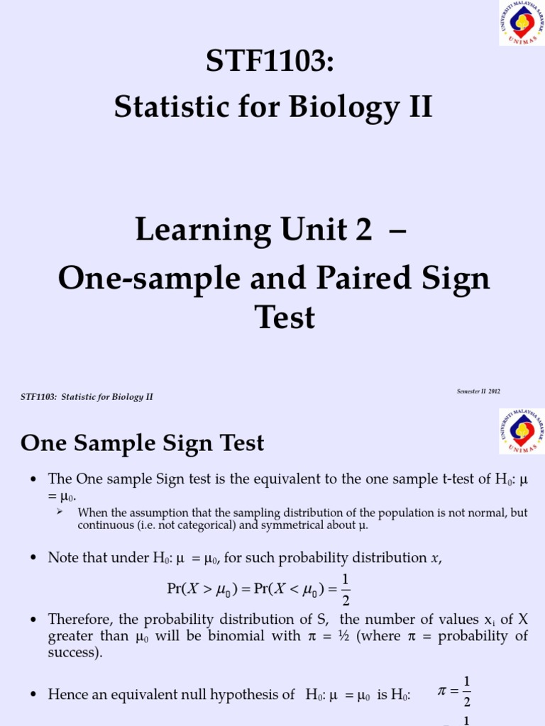 LU2 - A - One-Sample and Paired Sign Test | PDF | P Value | Statistical ...