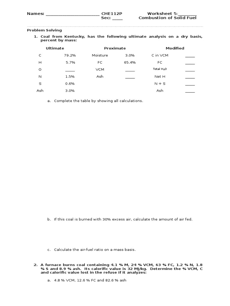 Worksheet 5 Combustion of Solid Fuel | PDF