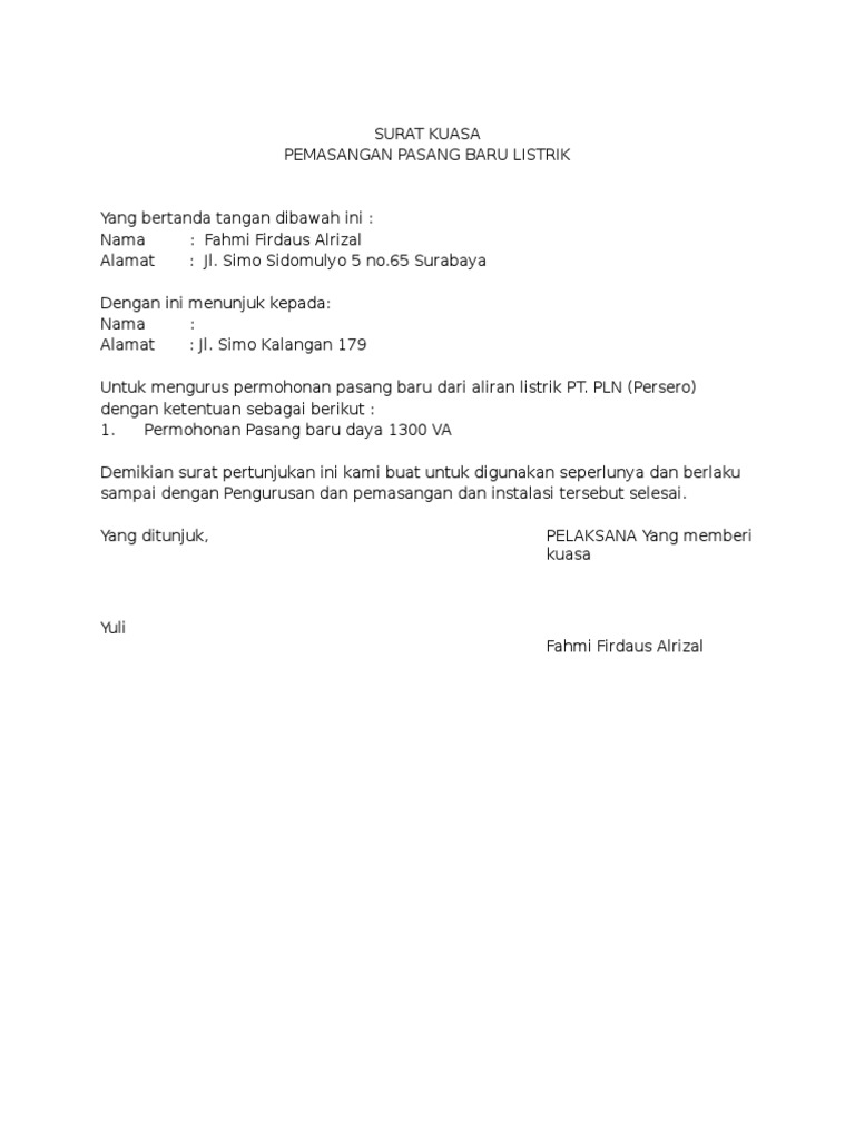 Surat Keterangan Listrik - Contoh Surat