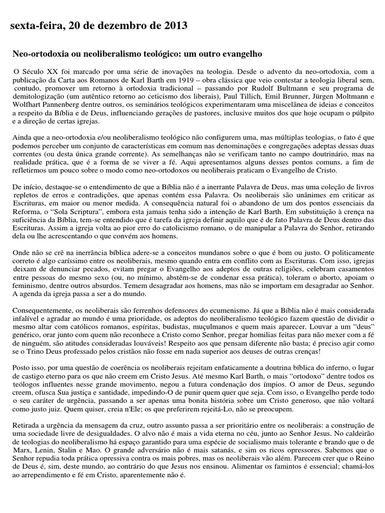 Neo-Ortodoxia Ou Neoliberalismo Teológico - Um Outro Evangelho | PDF ...