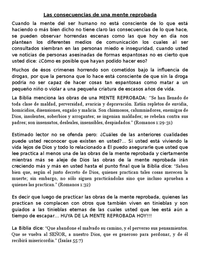Las Consecuencias de Una Mente Reprobada | PDF