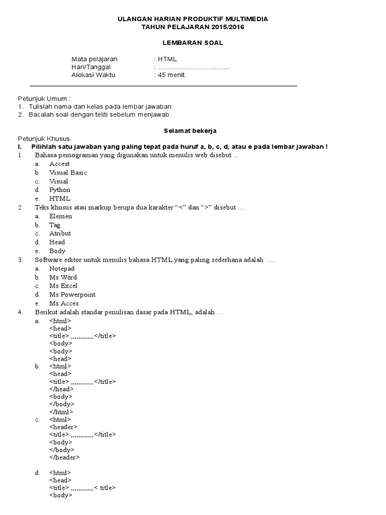 Contoh Lembar Soal Ulangan Harian Soal Kelasmu - vrogue.co