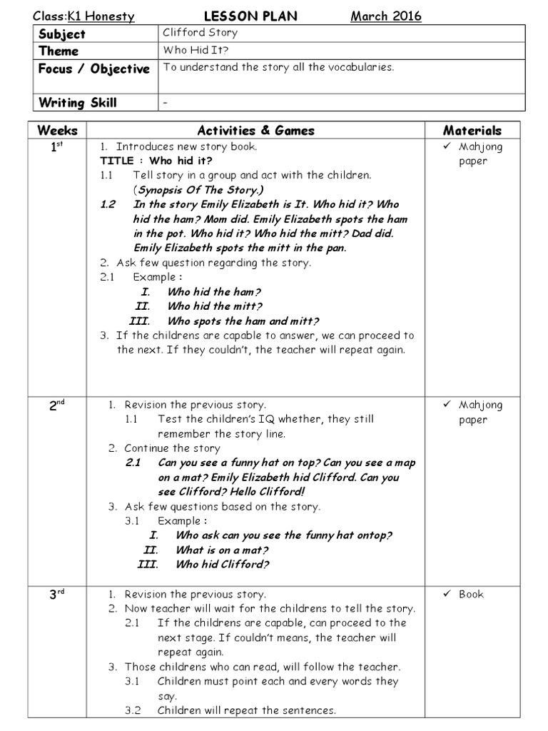 k1 Clifford Lesson Plan (March 16) | PDF | Lesson Plan | Cognition