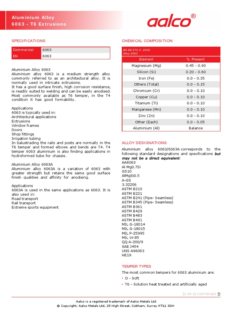 Aalco Metals LTD Aluminium Alloy 6063 T6 Extrusions 158 | PDF | Alloy ...