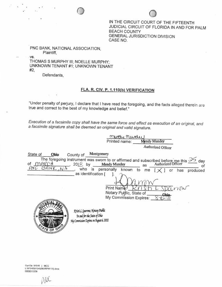 Florida Example - Verification of Mortgage Foreclosure Complaint