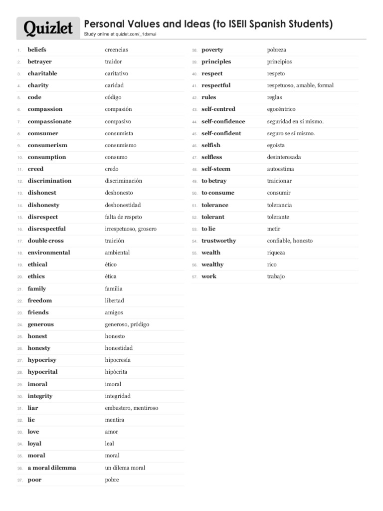 Vocabulario de Valores Personales | PDF