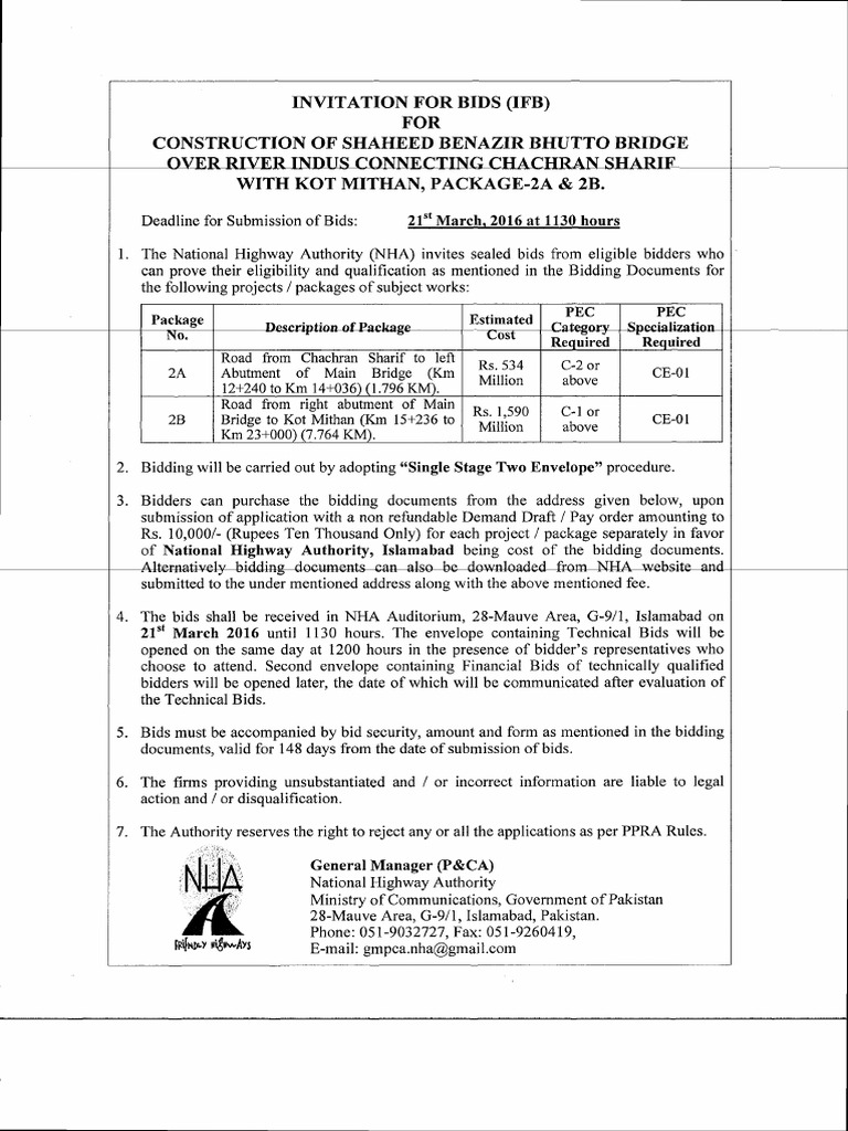 Ifb For Construction of Shaheed Benazir Bhutto Bridge Over River Indus ...