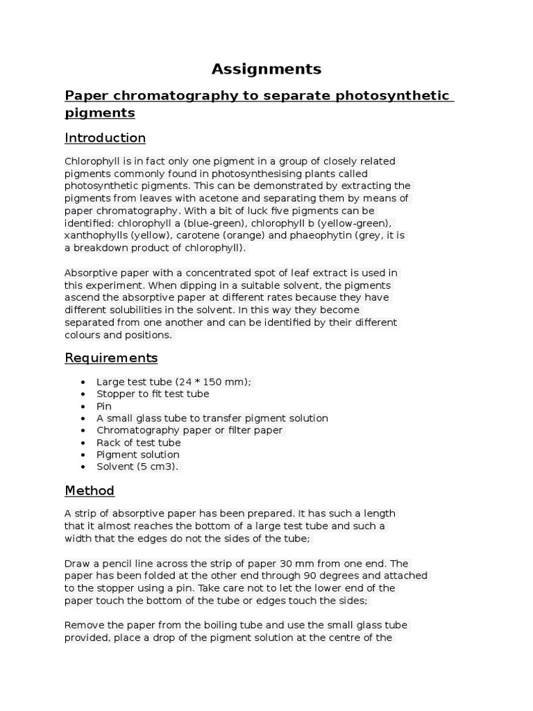 BIO - Assignments - Paper Chromatography On Photosynthetic Pigments ...