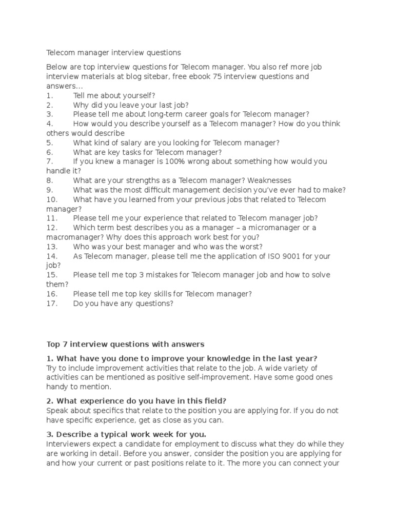 Telecom Manager Interview Questions | PDF | Leadership | Recruitment