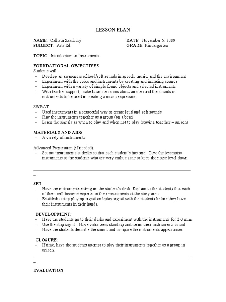 Kindergarten Music Instruments Lesson Plan | PDF | Classroom Management ...