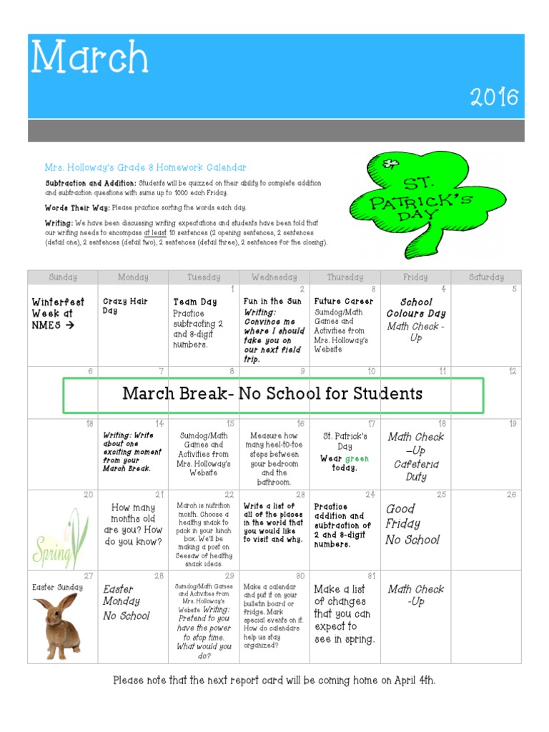 Grade 3 March Homework Calendar | PDF | Language Arts & Discipline