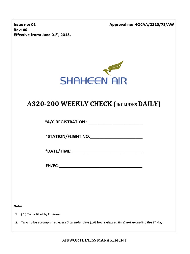 Weekly Check A320 (ISSUE 01 REV 00 01-JUN-15) | PDF | Vehicles | Aviation
